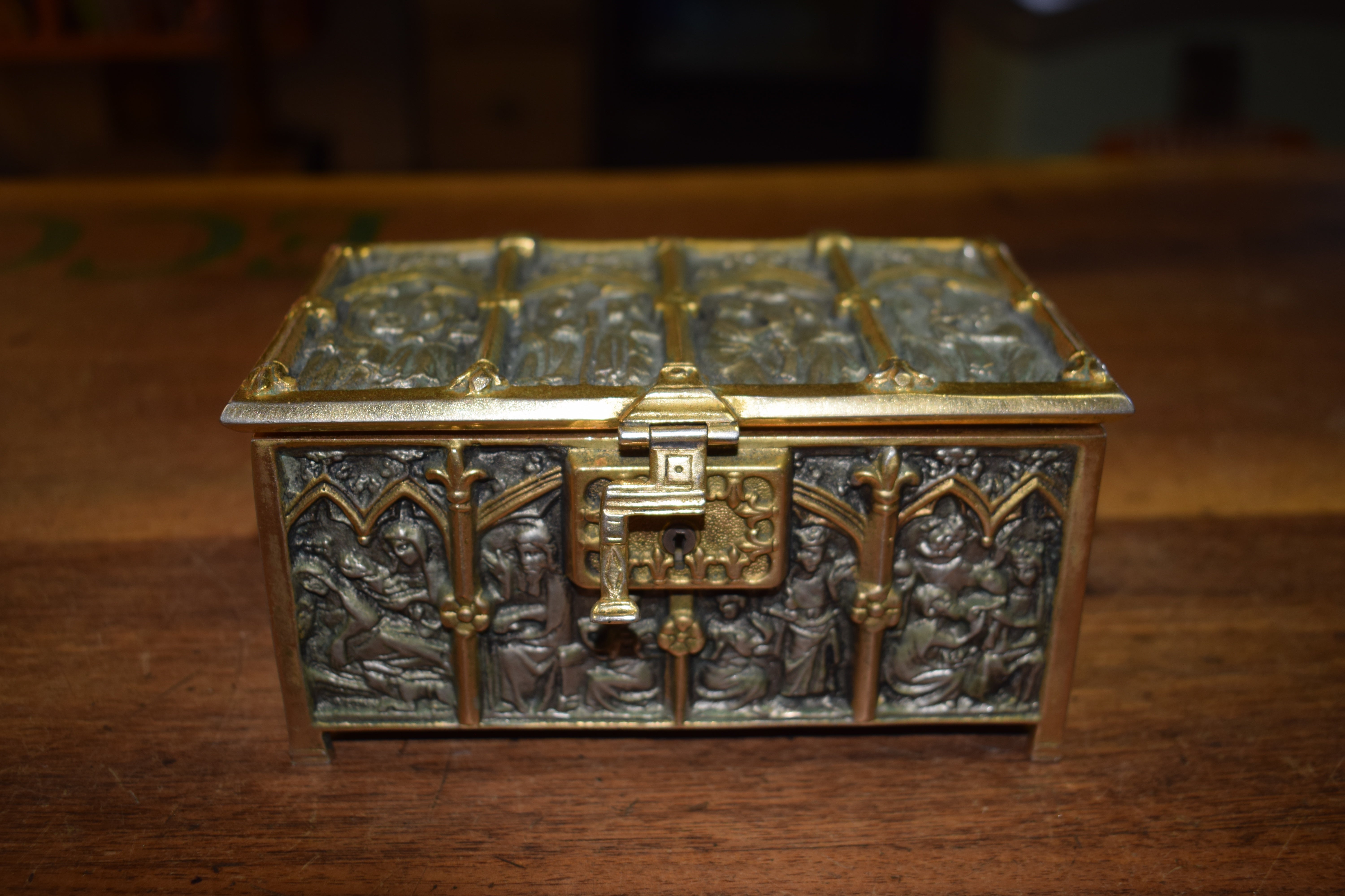 19th Century Gothic Style Brass Jewlery Casket with Religious Panels ...